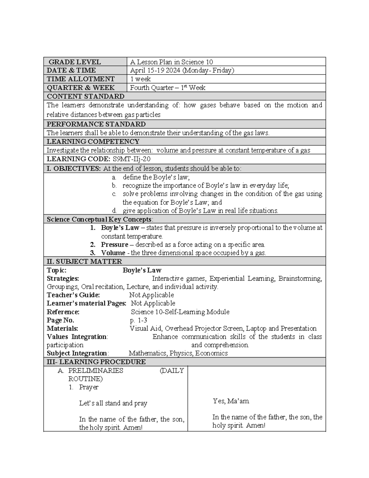 Boyles LAW - GRADE LEVEL A Lesson Plan in Science 10 DATE & TIME April ...