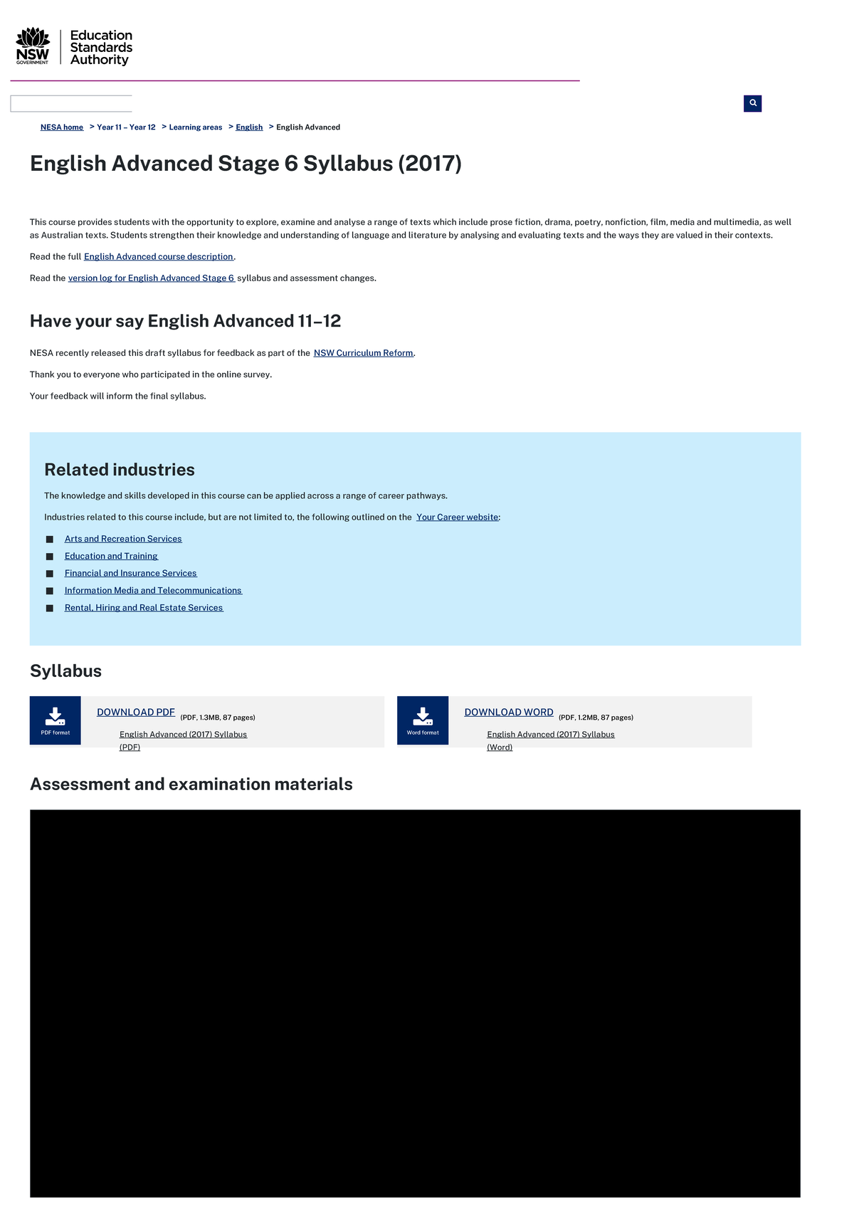 English Advanced NSW Education Standards - NESA home > Year 11 – Year ...