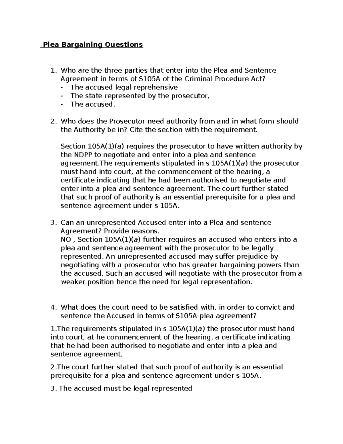 Training Plea Bargaining - Plea Bargaining Questions 1. Who are the ...