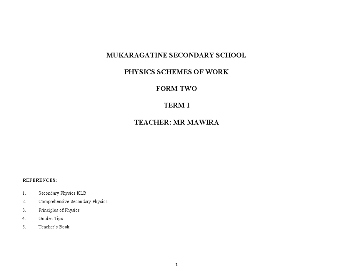 2024 Physics FORM 2 Schemes OF WORK - MUKARAGATINE SECONDARY SCHOOL ...