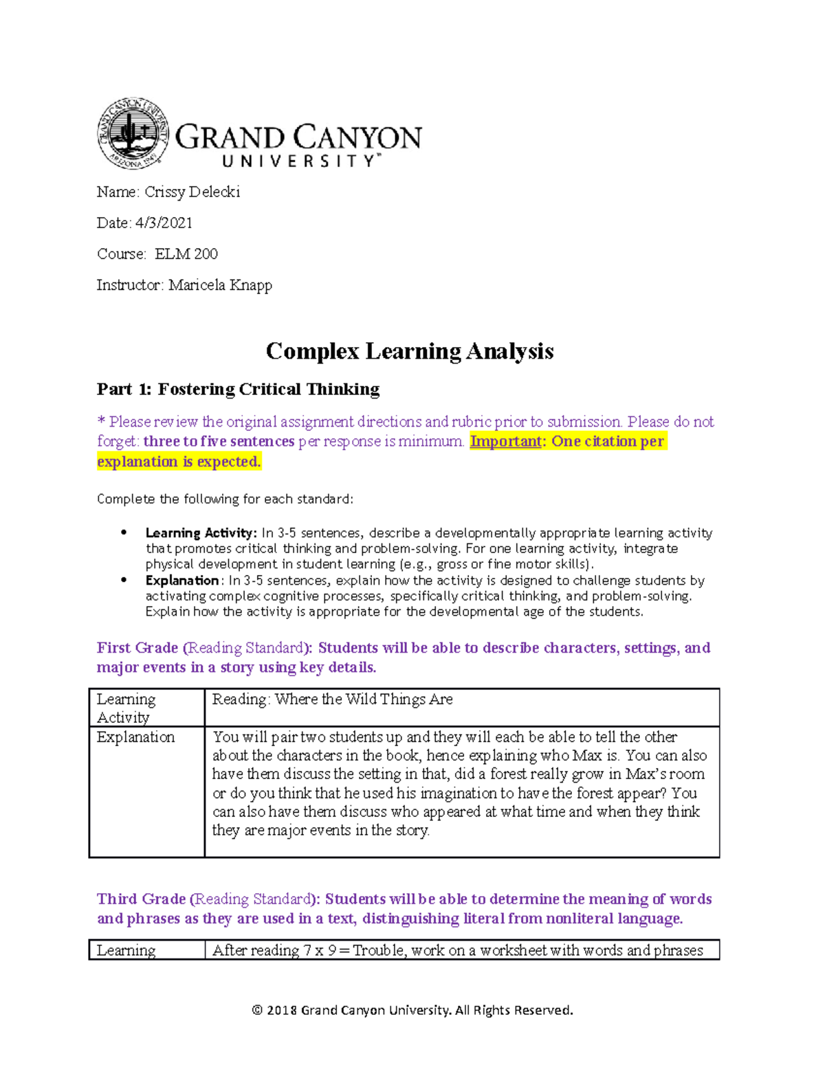 Complex Learning Analysis - Name: Crissy Delecki Date: 4/3/ Course: ELM ...
