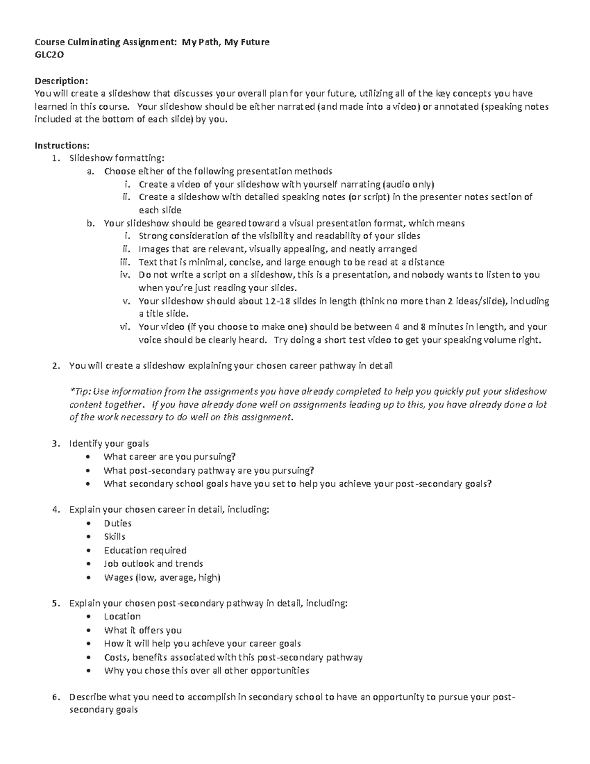 Course Culminating Assignment - Your slideshow should be either ...