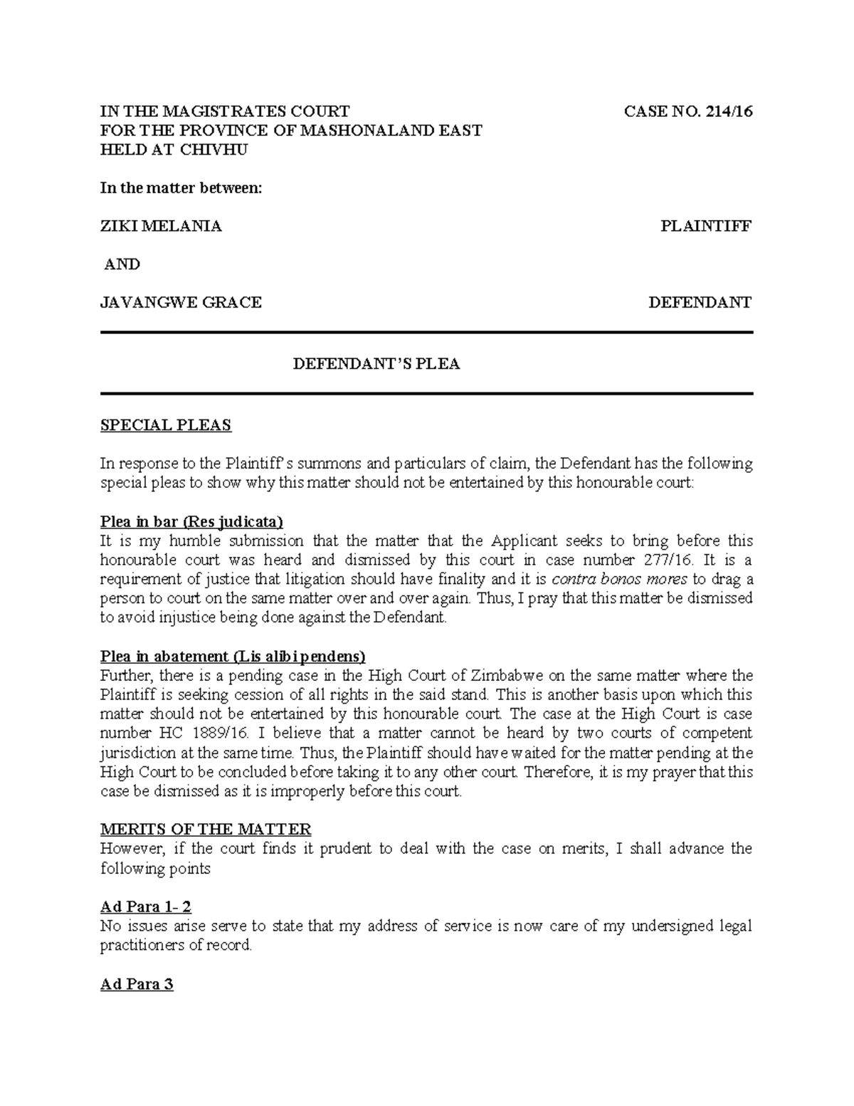 Javangwe PLEA 053733 - It is an assignment - IN THE MAGISTRATES COURT ...