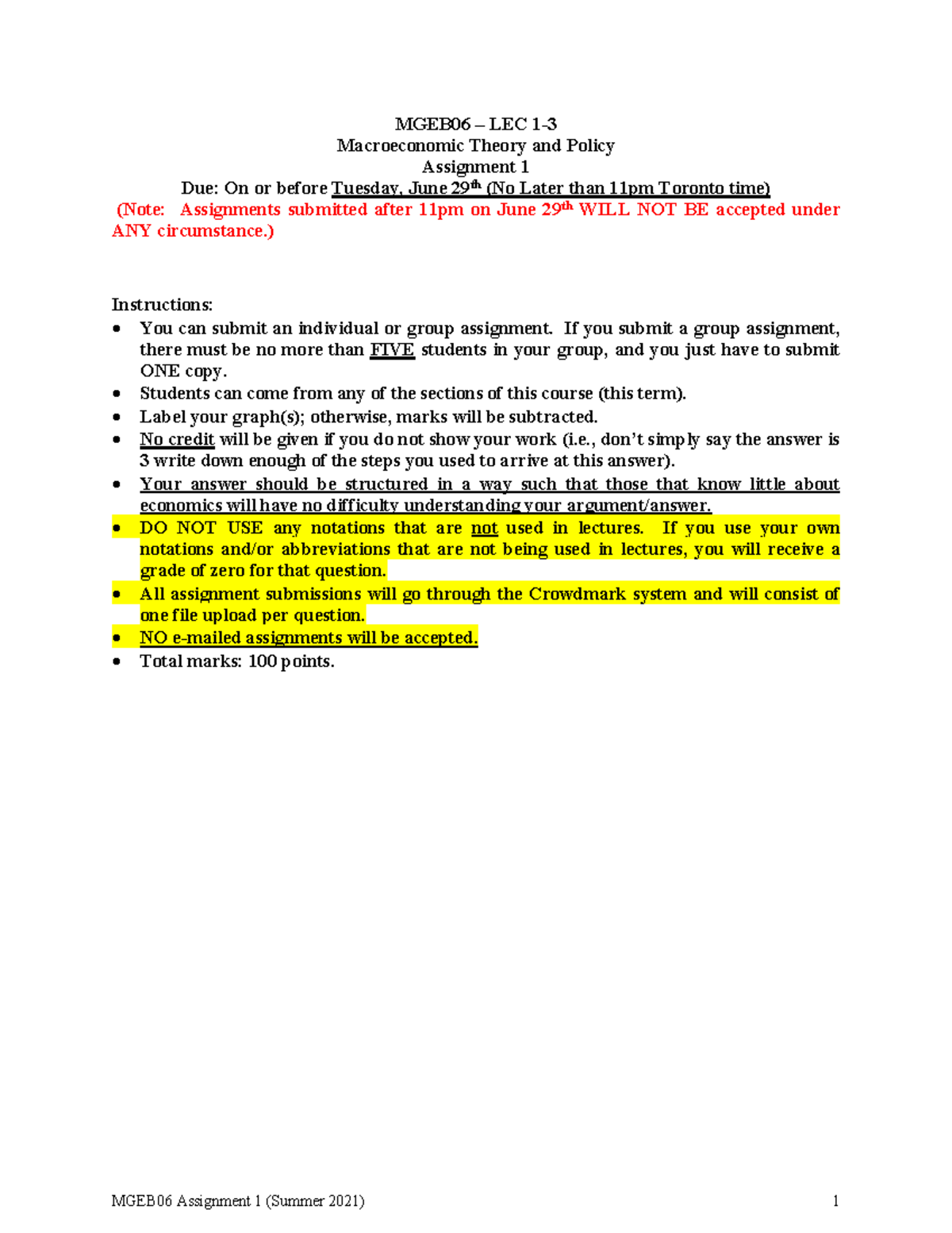 Question 3 - MGEB06 Assignment 1 (Summer 2021) 1 MGEB06 – LEC 1- Macroeconomic Theory and Policy ...