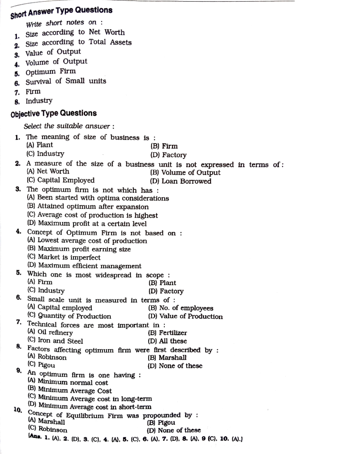 Short and objective questions of business size - Short Answer Type ...