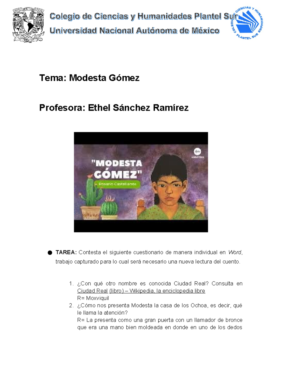 Modesta Gomez-1 - Tema: Modesta Gómez Profesora: Ethel Sánchez Ramírez ...