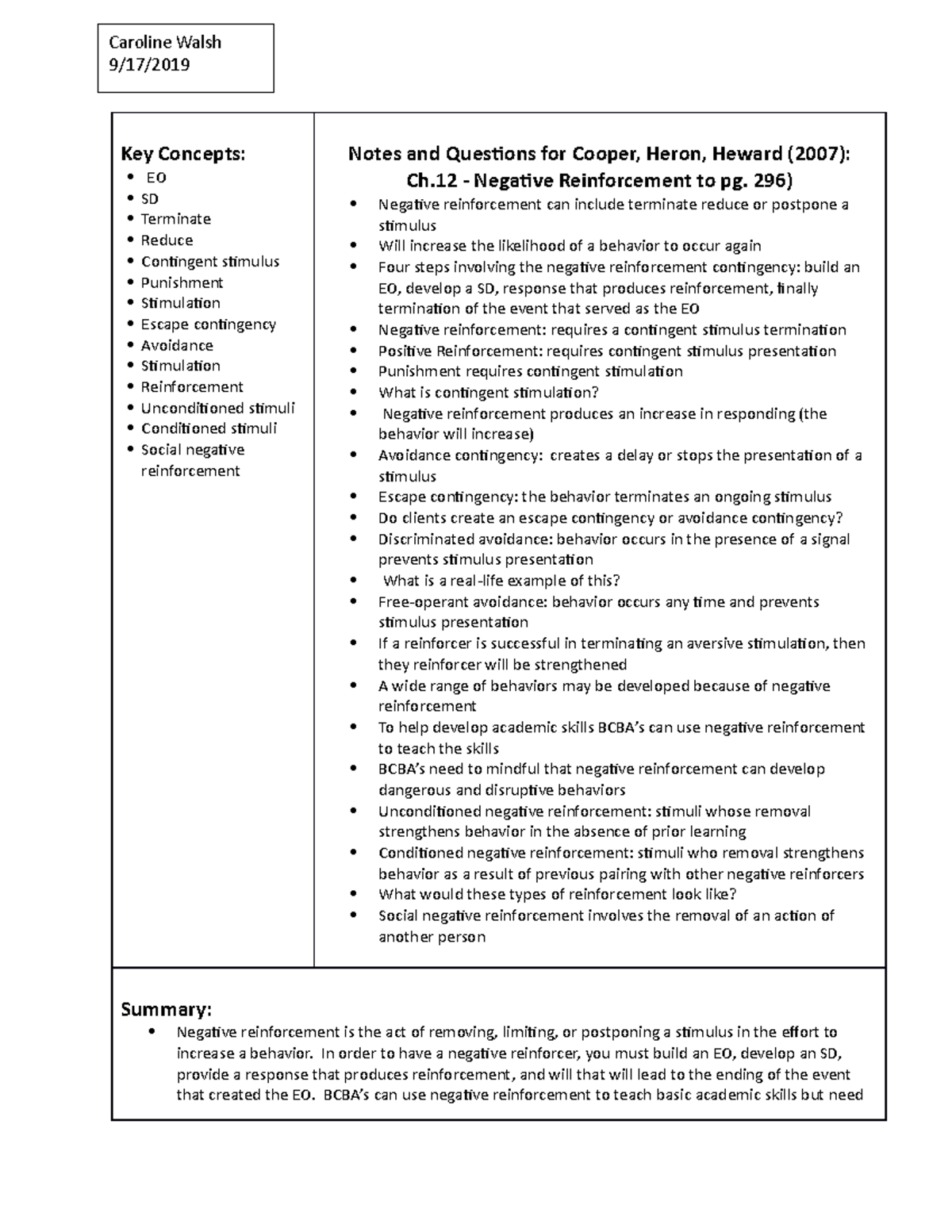 Notes 4 - Key Concepts: EO SD Terminate Reduce Contingent stimulus ...