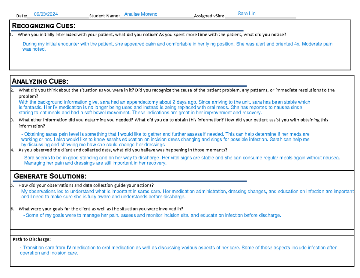 Post Sim Clinical Judgment Worksheet Sara Lin - Date: Student Name ...
