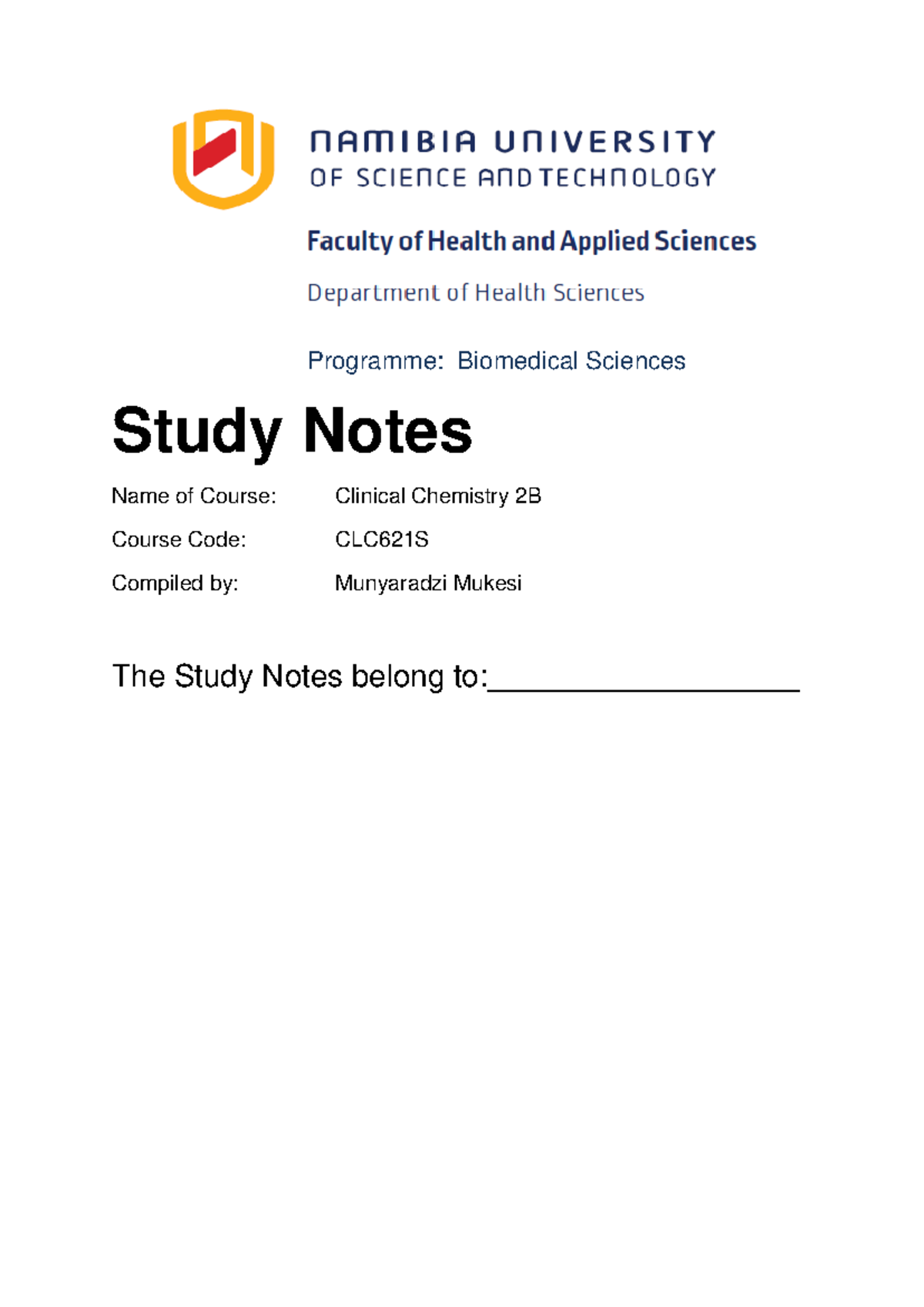 Clinical chemistry 2B Lecture Notes - Programme: Biomedical Sciences ...