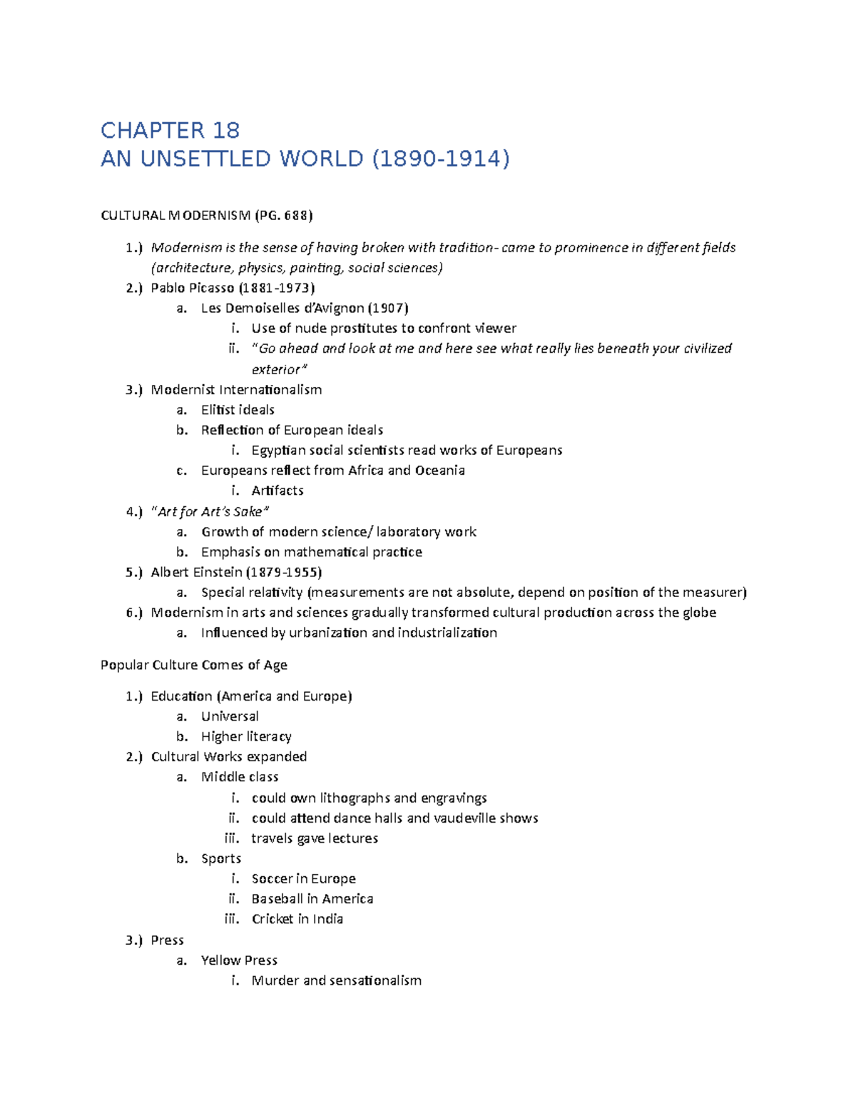 EXAM Three Notes AND Material - CHAPTER 18 AN UNSETTLED WORLD CULTURAL ...