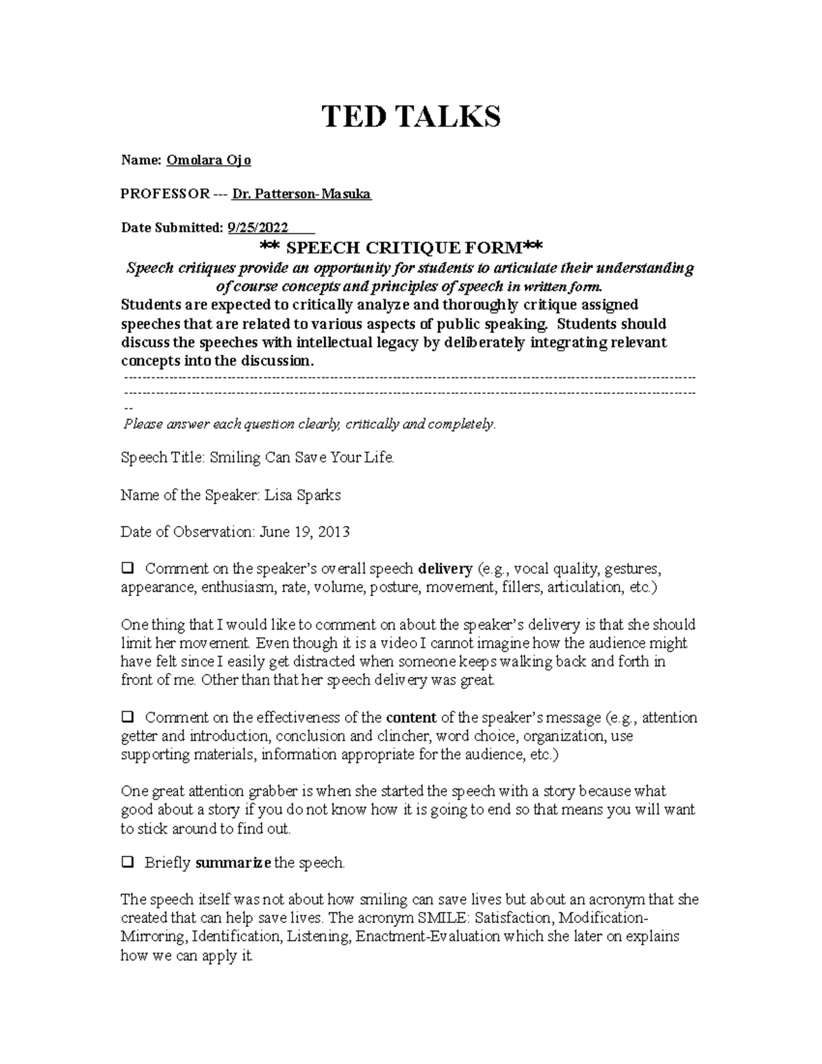 TED Talk 4- Smiling Can Save Your Life- Omolara Ojo - TED TALKS Name ...