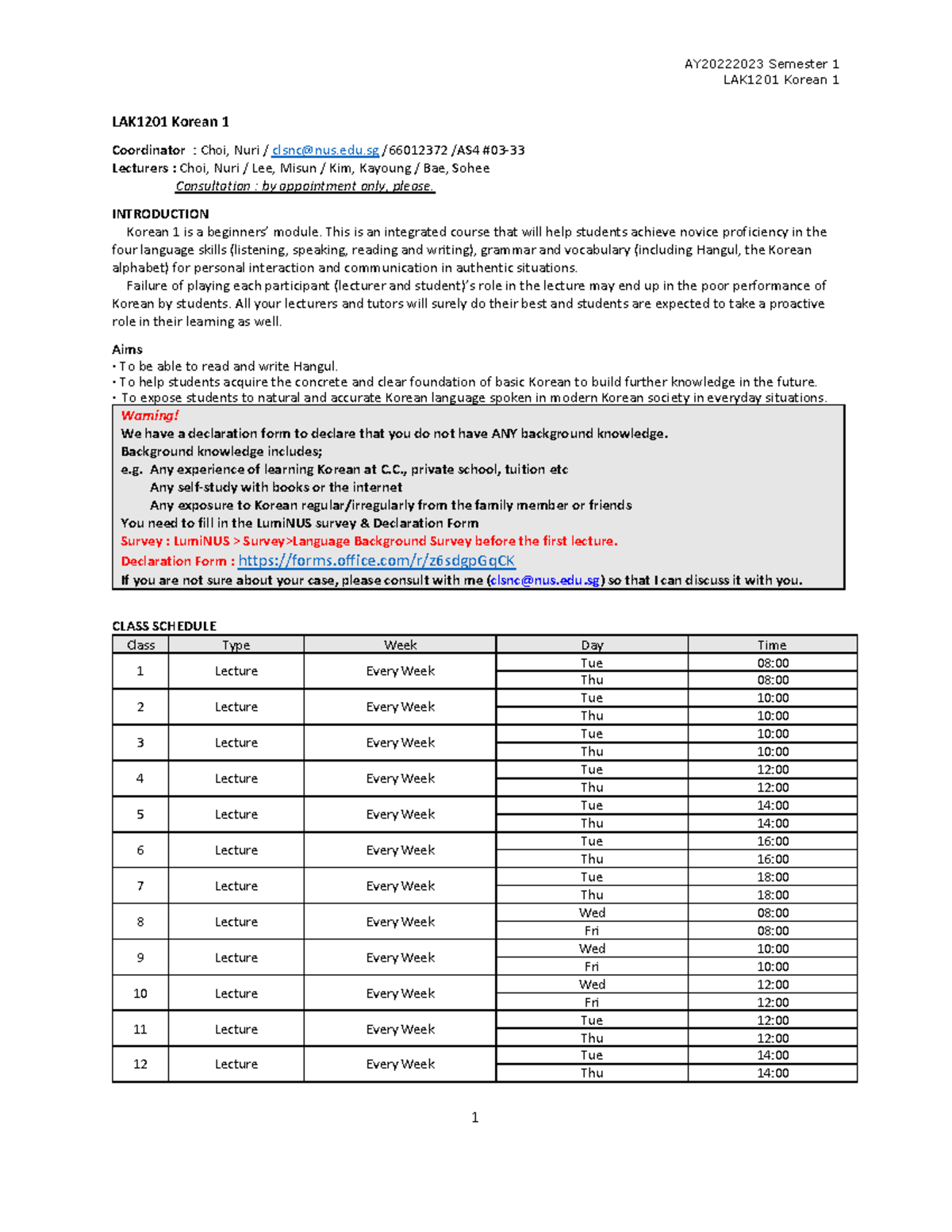 Schedule and Module Information - AY20222023 Semester 1 LAK1201 Korean ...