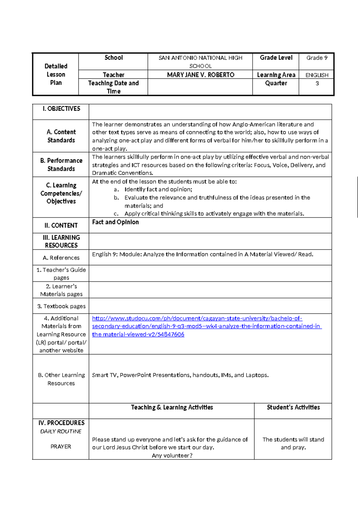 LP3 Analyze the material 1 - Detailed Lesson Plan School SAN ANTONIO ...