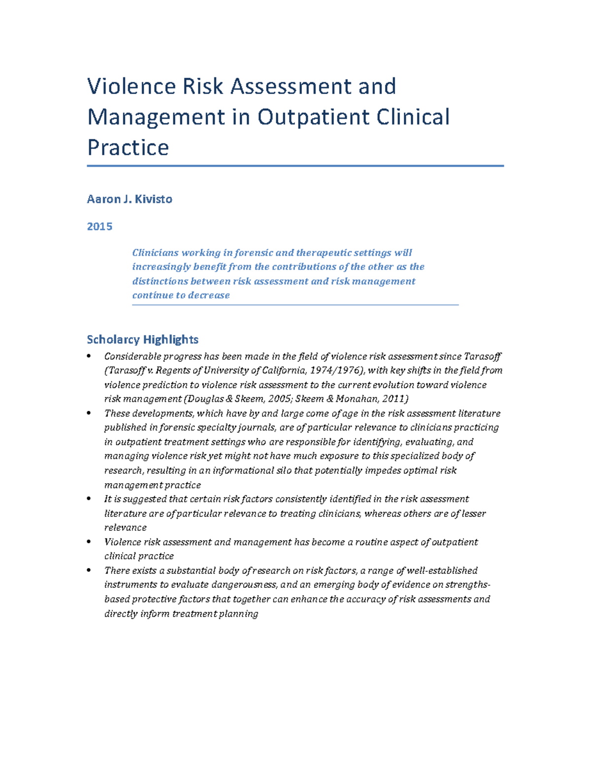 Violence Risk Assessment and Management in Outpatient Clinical Practice ...