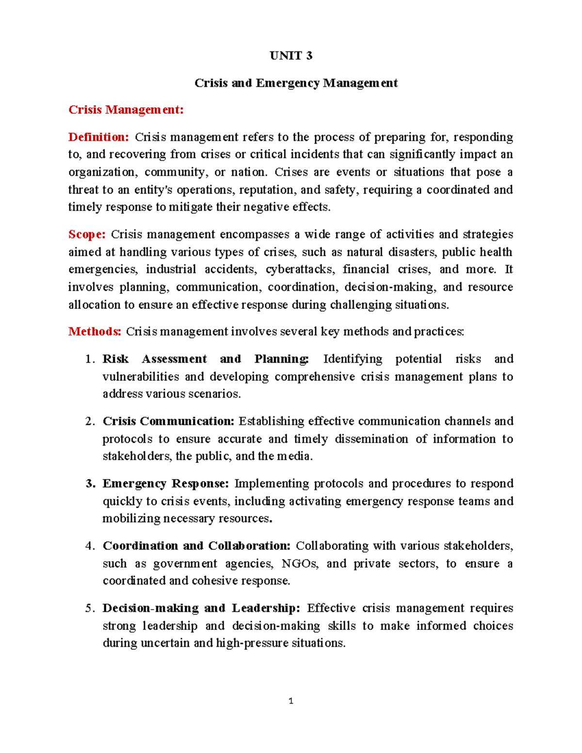 Disaster Management 3-5 - UNIT 3 Crisis and Emergency Management Crisis ...
