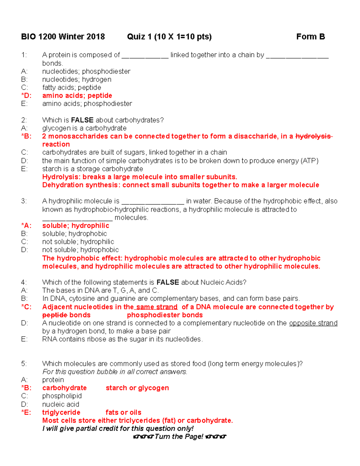 BIO 1200 Winter 2018 Quiz 1: Carbohydrates Nucleic Acids Triglycerides ...