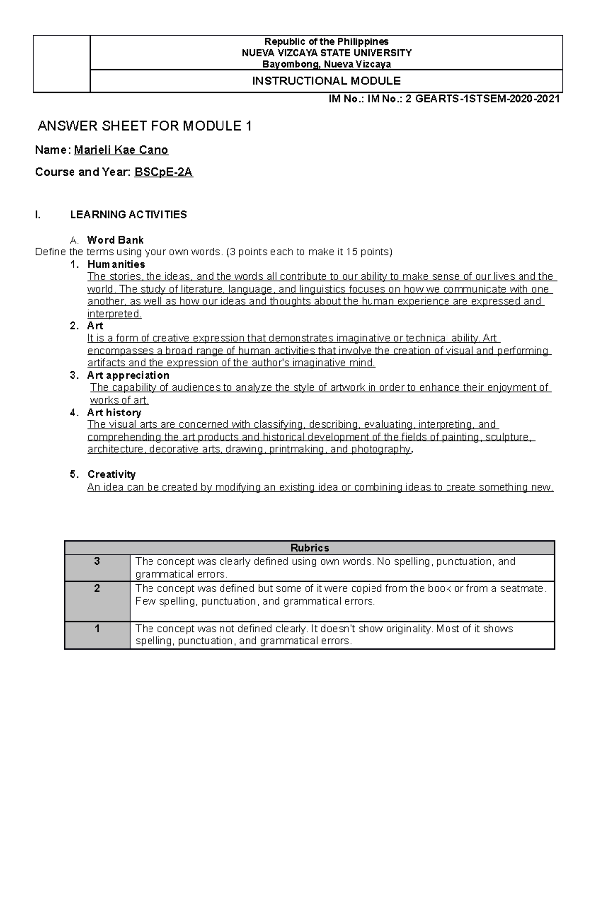 ARTS Appreciationss - 1. Reflection paper - Human beings possess the ...