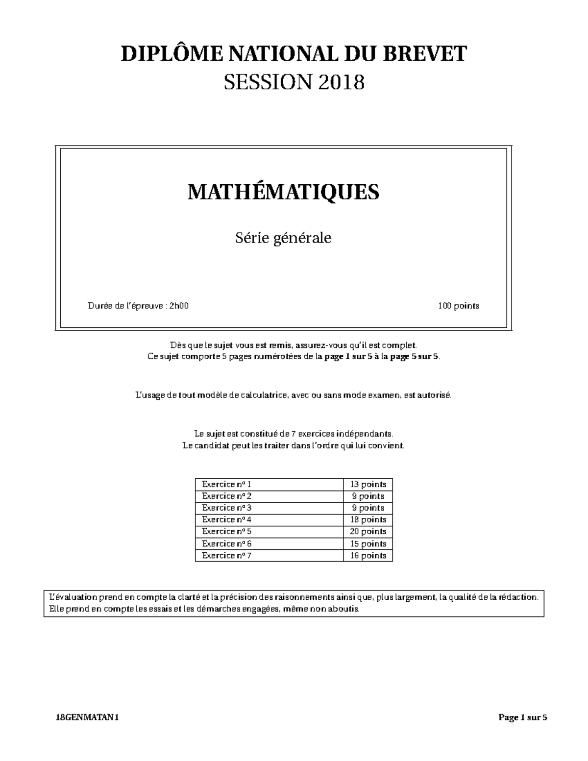 Brevet 2018 Amerique du Nord Mathematiques - DIPLÔME NATIONAL DU BREVET SESSION 2018 ...