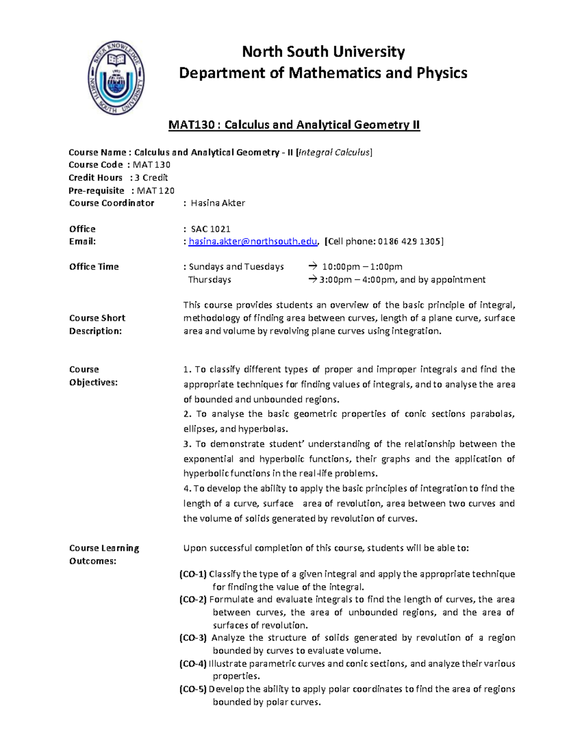 MAT 130 - Calculus II - Course Outline - North South University ...
