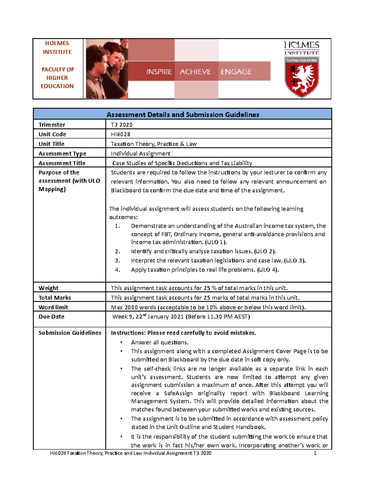 HI6028 Individual Assignment T3 2020 -V5 - HOLMES INSTITUTE FACULTY OF HIGHER EDUCATION ...