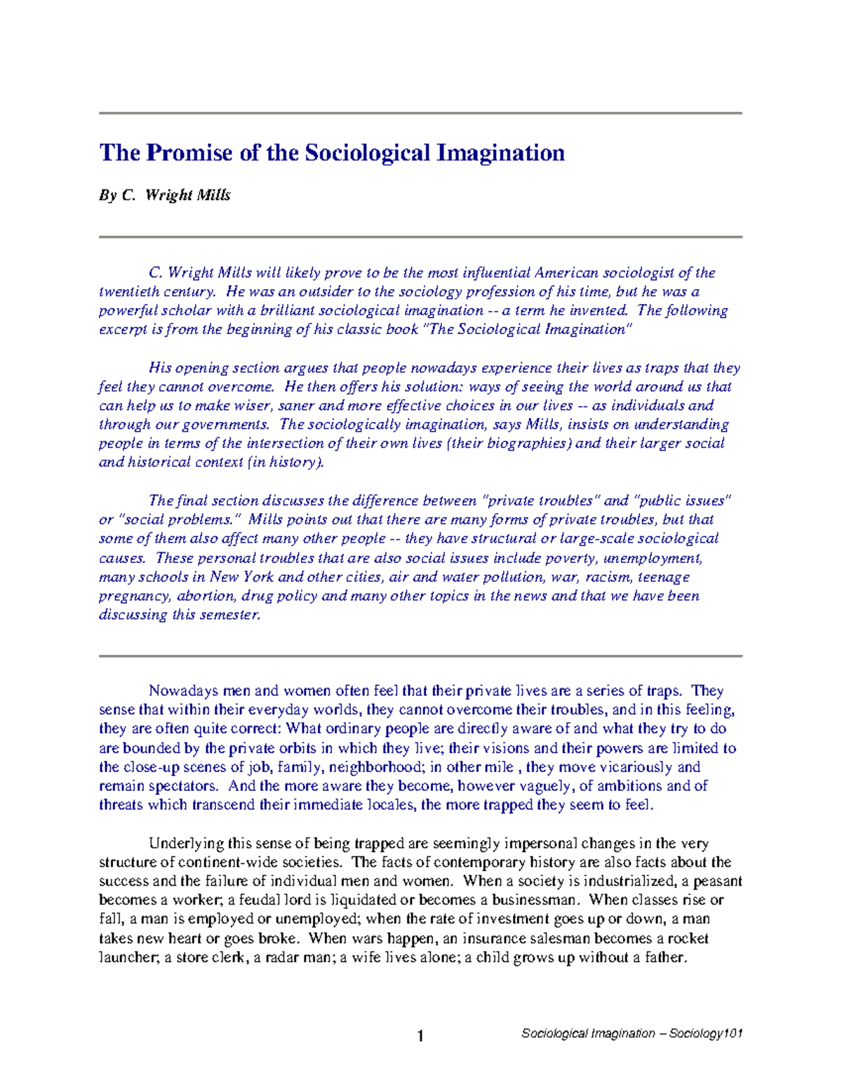 H87 The Sociological-Imagination - The Promise of the Sociological ...