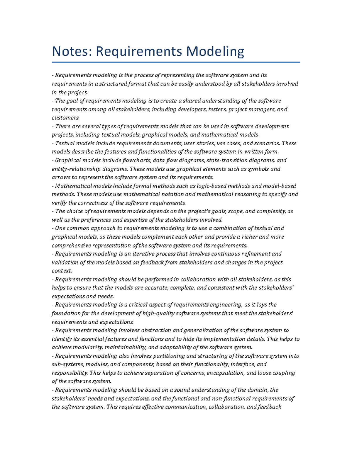 Lecture Notes - Requirements Modeling - Notes: Requirements Modeling ...
