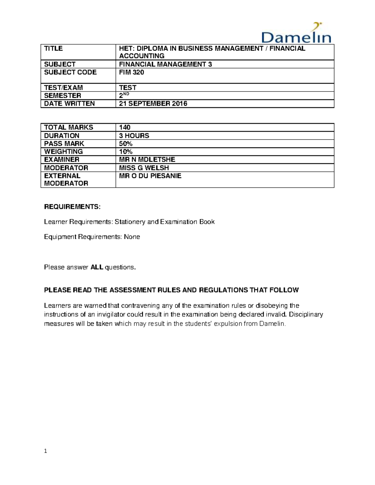 Financial Management Test - TITLE HET: DIPLOMA IN BUSINESS MANAGEMENT ...