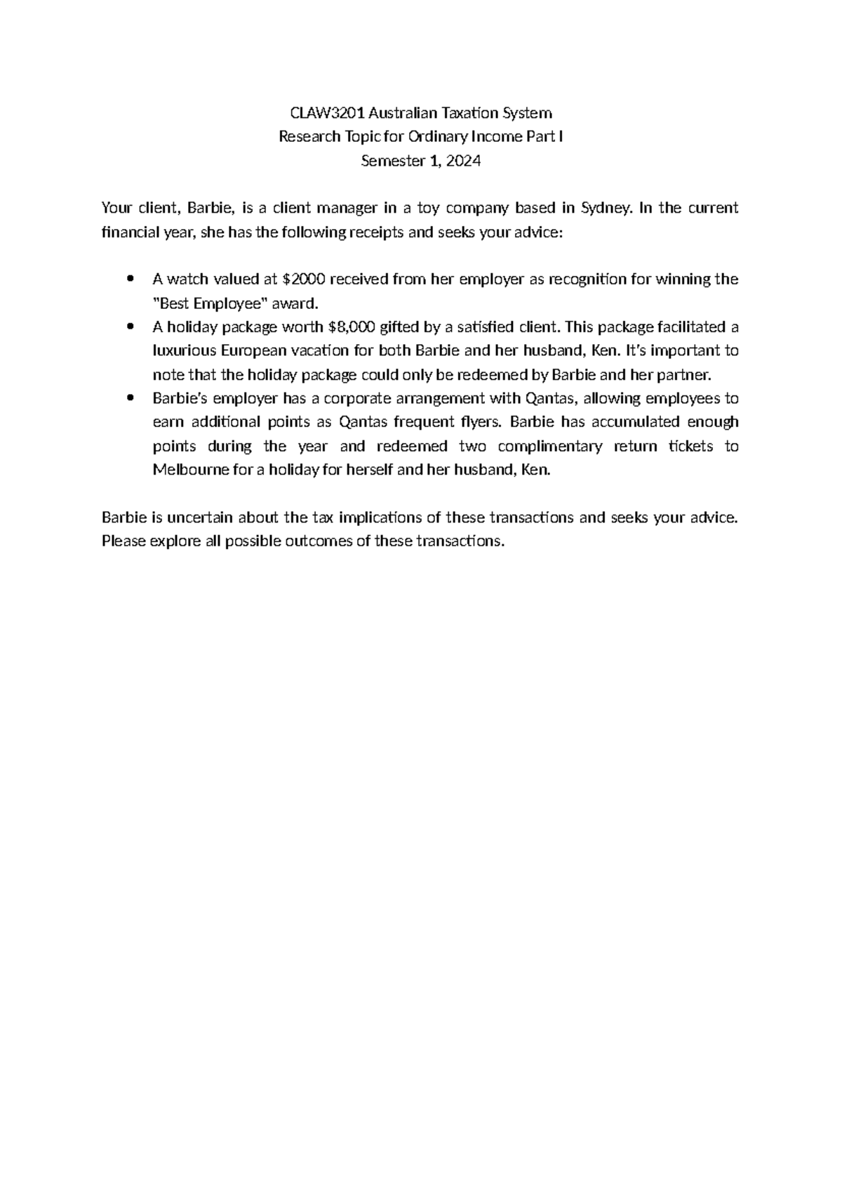 Research topic 2 Ordinary Income Part I - CLAW3201 Australian Taxation ...