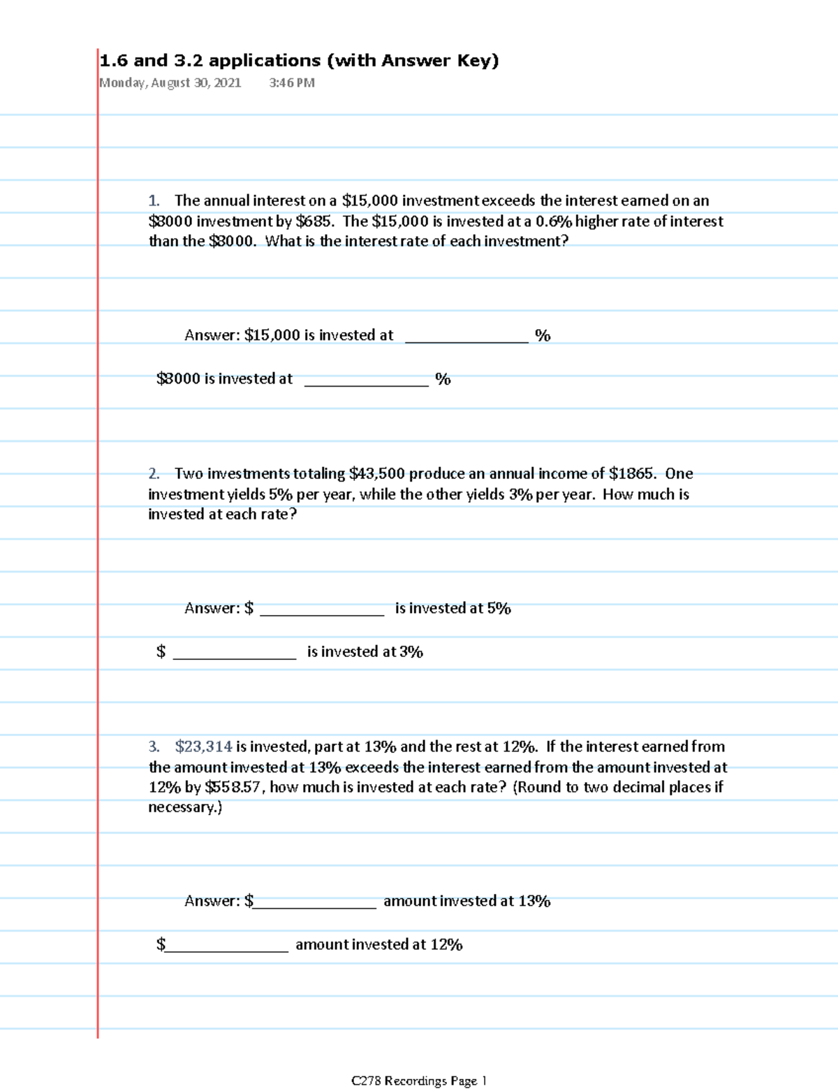 Algebra practice work with answer key - 1. The annual interest on a ...