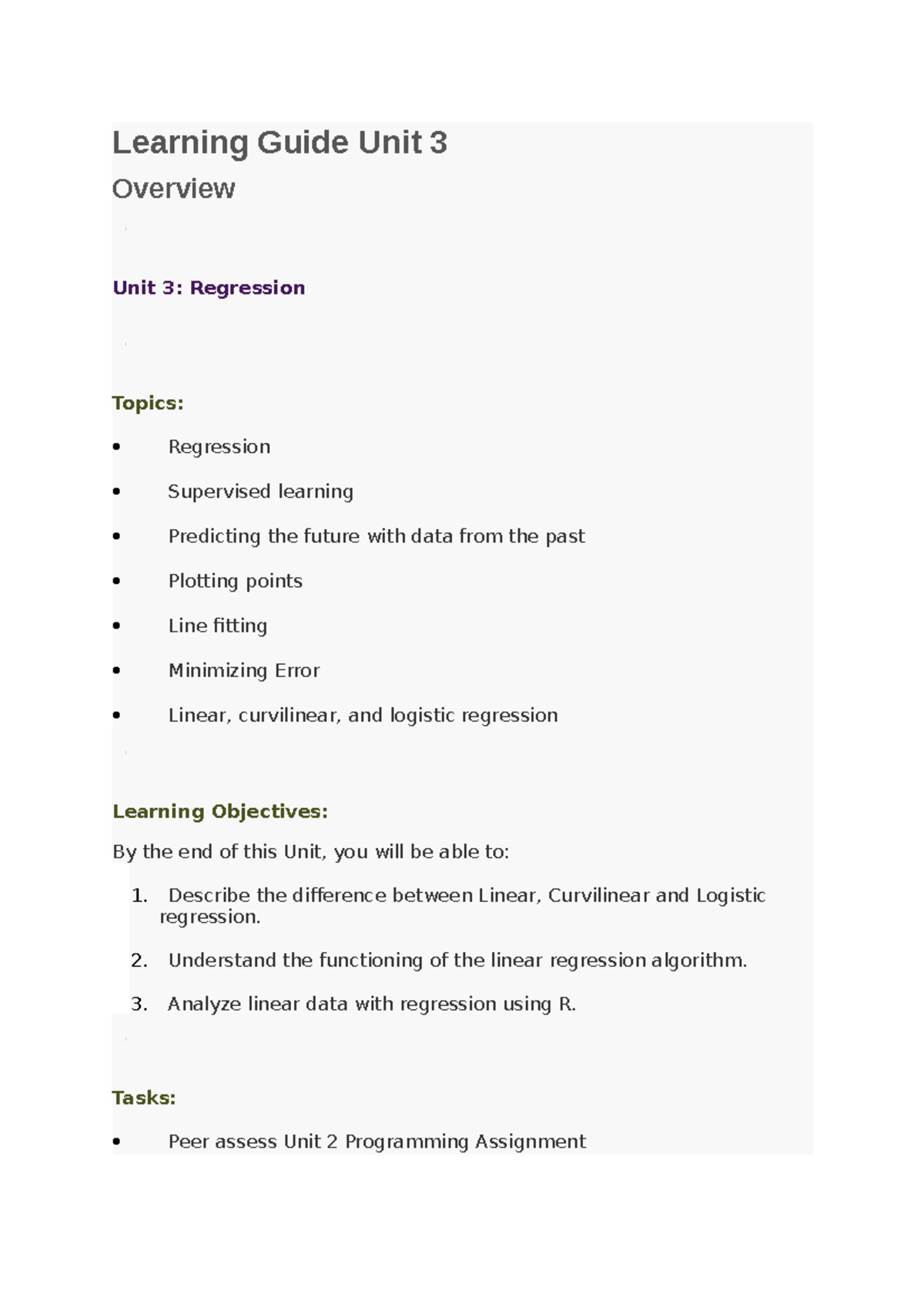 Learning Guide Unit 3 - aaa - Learning Guide Unit 3 Overview Unit 3: Regression Topics ...