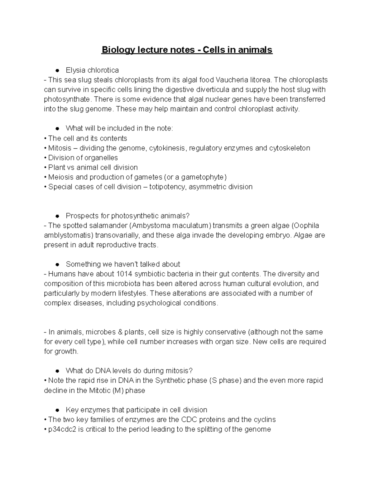Biology lecture notes - Cells in animals - The chloroplasts can survive ...