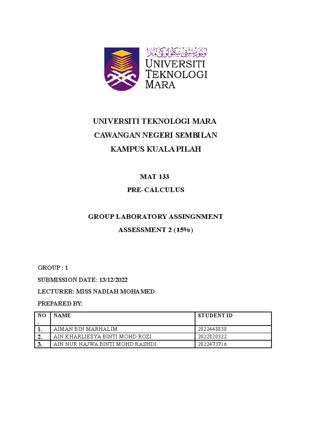 MAT 133 Assessment Finale-1 - UNIVERSITI TEKNOLOGI MARA CAWANGAN NEGERI ...