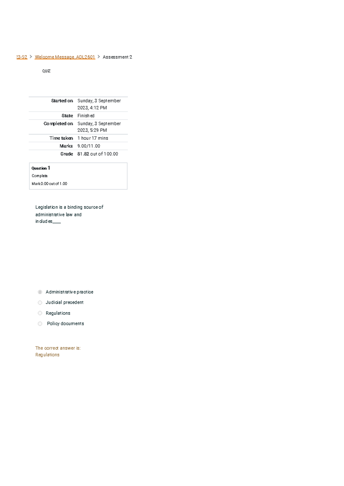 ADL 2601 Assignment - QUIZZ - 23-S2 Welcome Message_ADL2601 Assessment ...