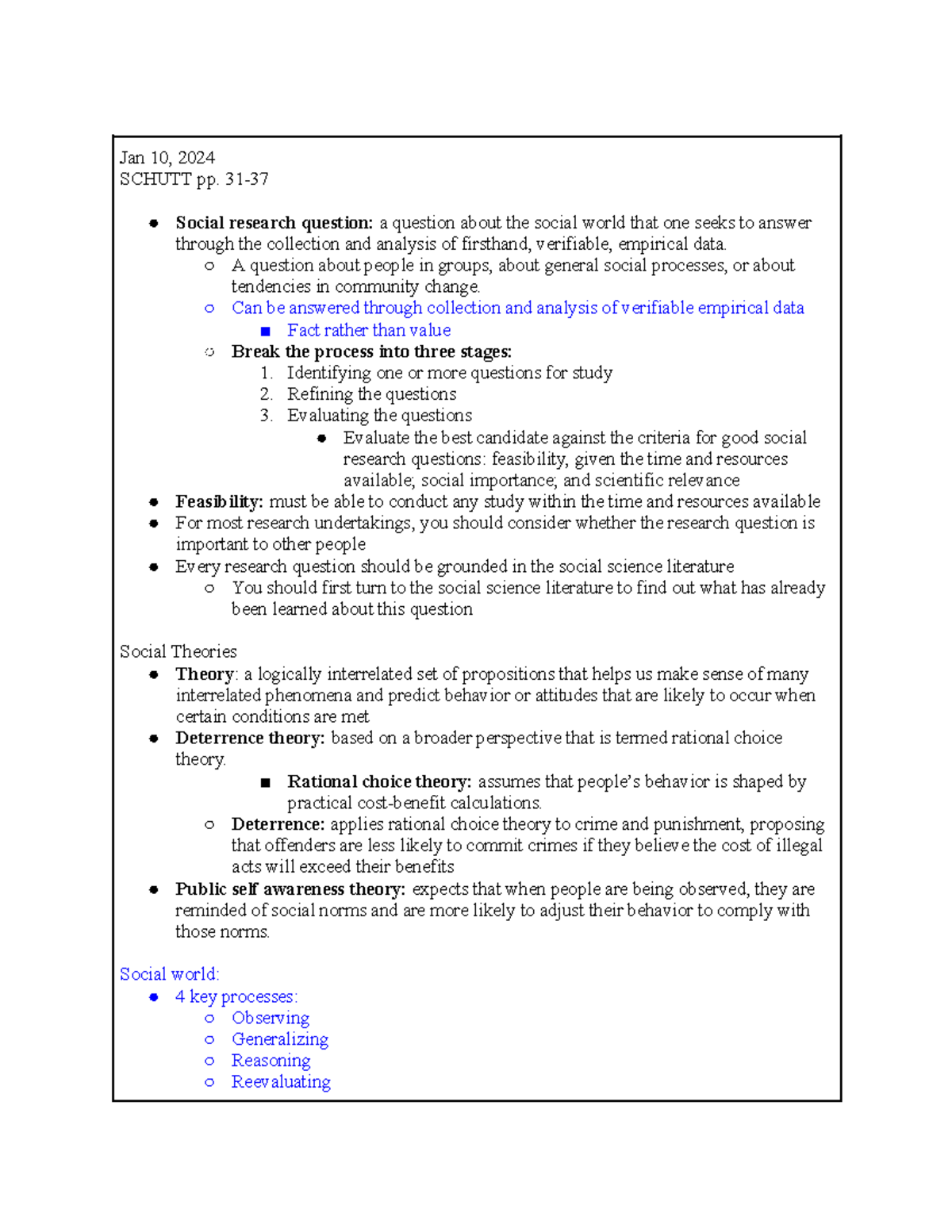 Notes - Jan 10, 2024 SCHUTT pp. 31- Social research question: a ...