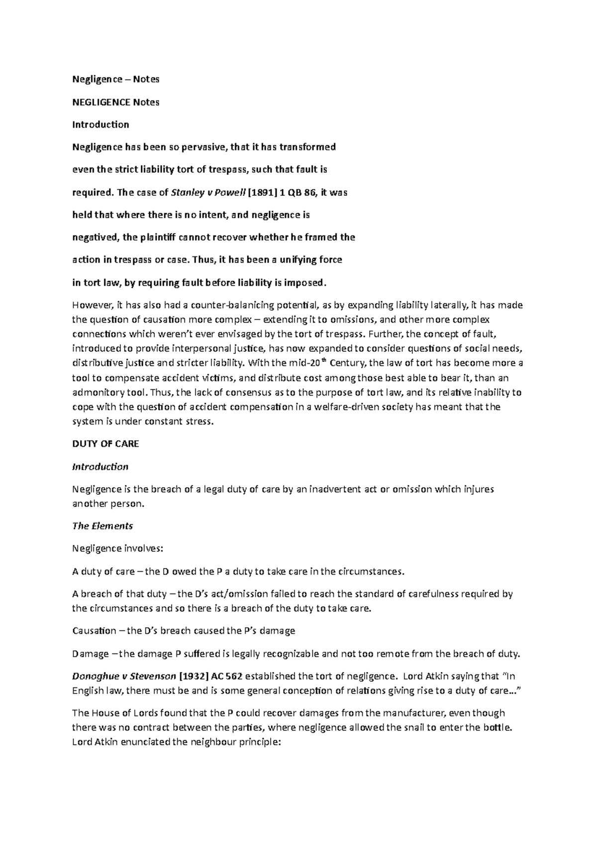 Negligence – Notes - as showed - Negligence – Notes NEGLIGENCE Notes ...