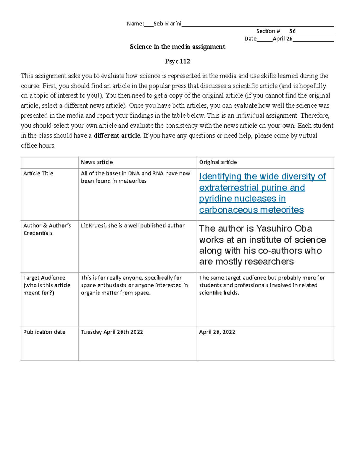 Seb Marini 112 Science in the Media Sheet to Fill in - Sec /on #56 ...