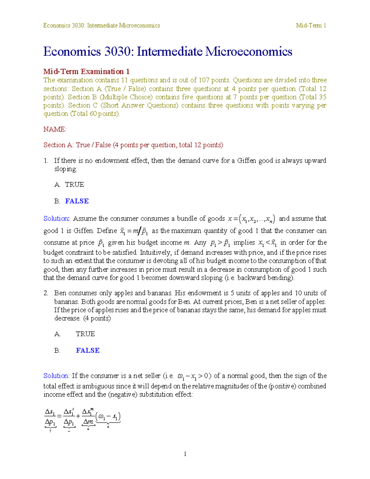 Mid Term 1 2020 - Solutions - Economics 3030: Intermediate Microeconomics Mid-Term Examination 1 ...
