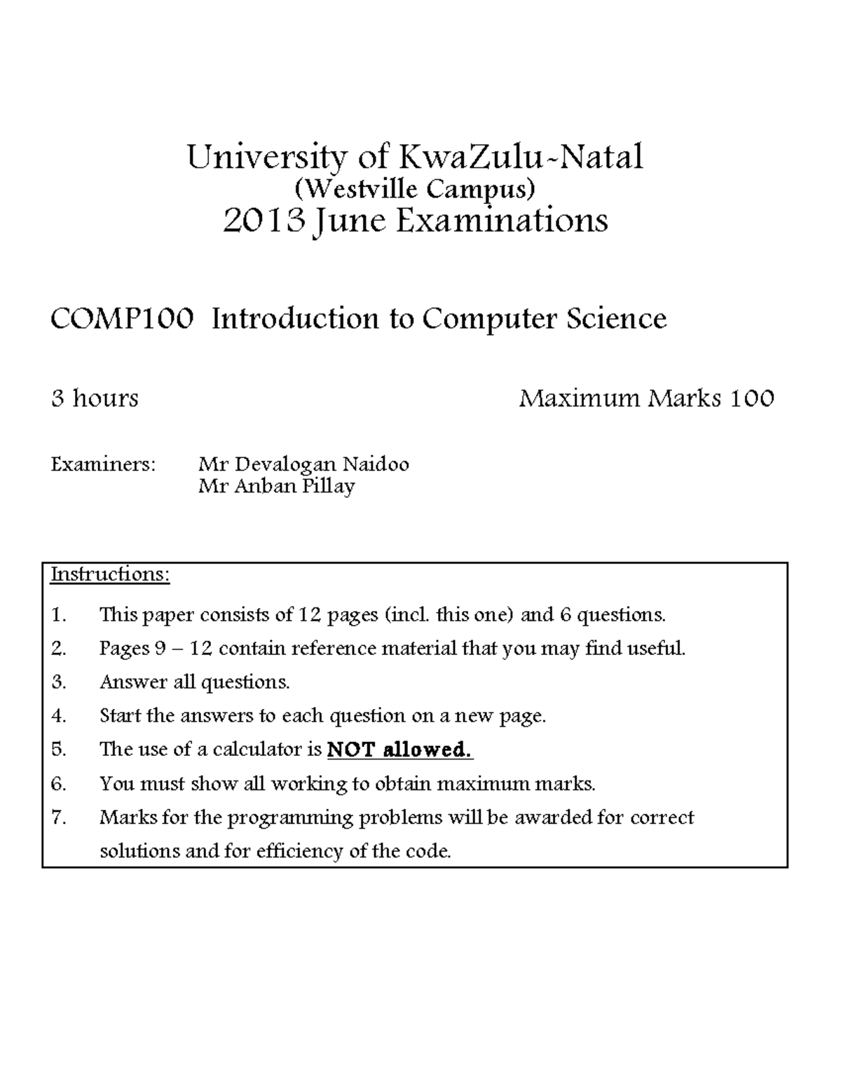 Comp100 June 2016 - University of KwaZulu-Natal (Westville Campus) 2013 ...