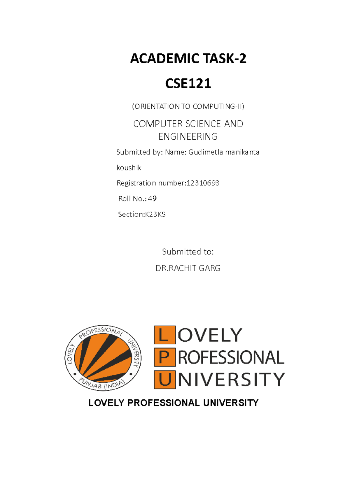 Cse123 Academic Task Cse Orientation To Computing Ii Computer