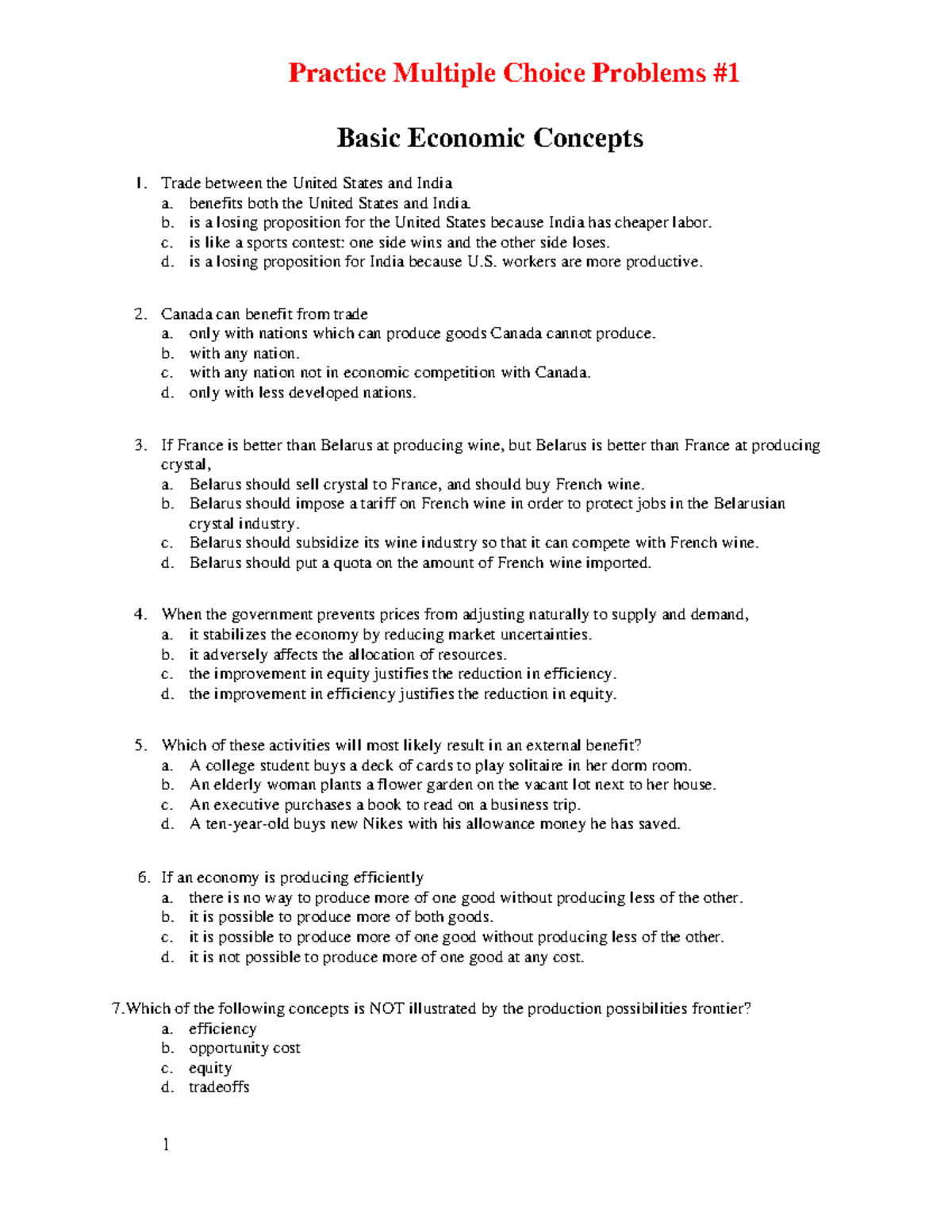 Basic Economic Concepts Practice Multiple Choice Questions #1 ...