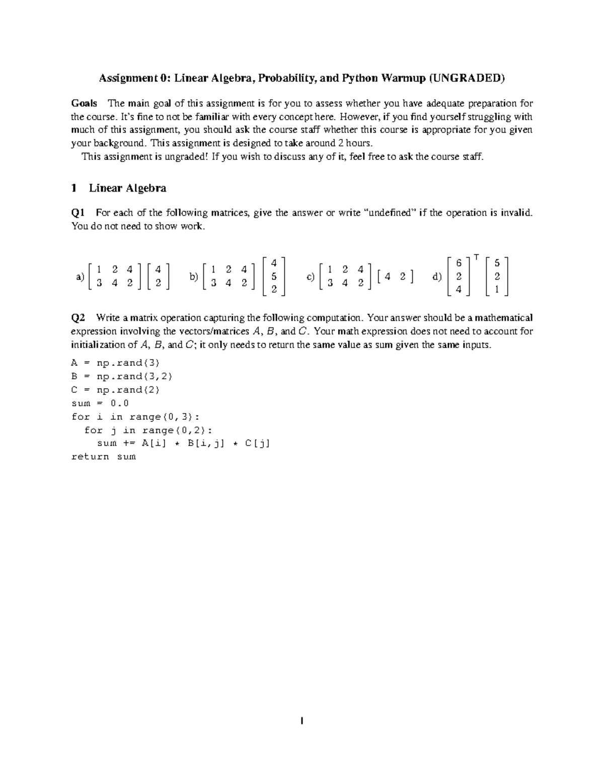 A0 - Linear algebra + probability - Assignment 0: Linear Algebra ...