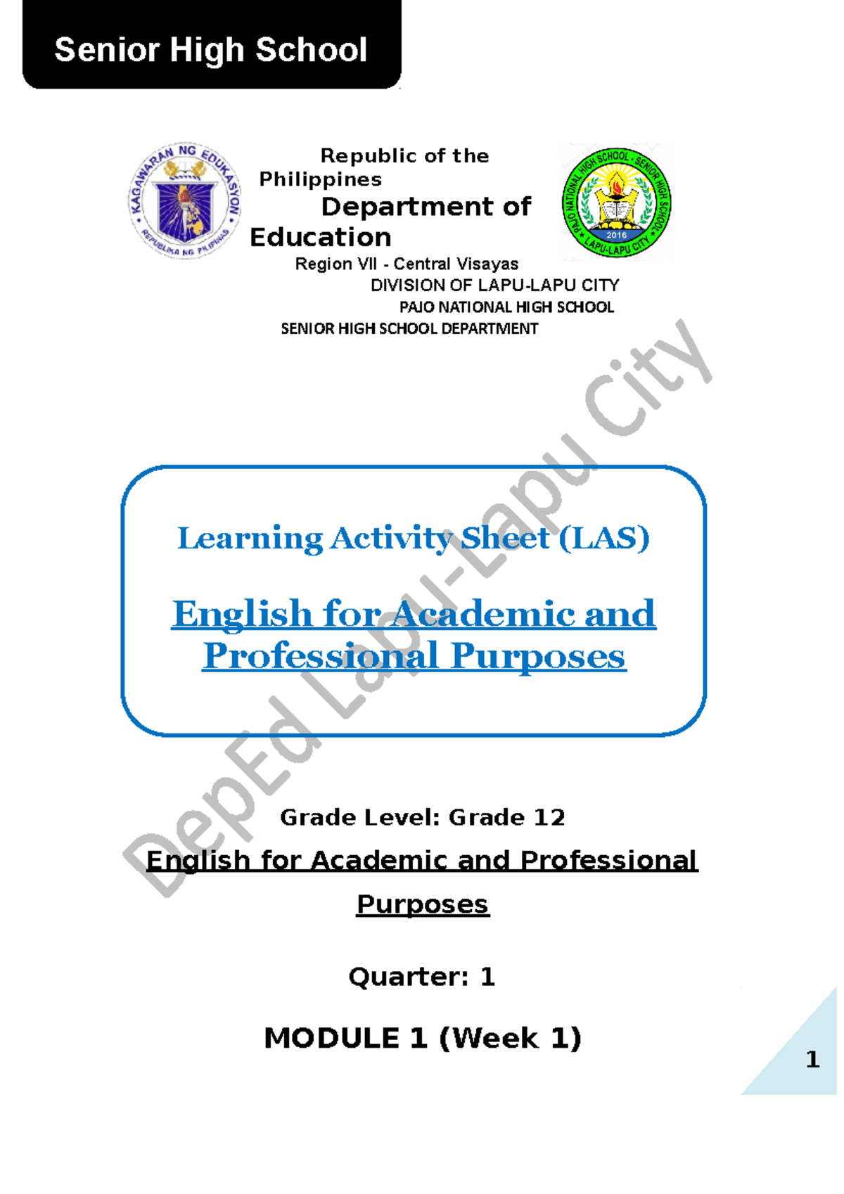 Q1, LAS 1 EAPP - Grade 12 EAPP - Republic of the Philippines Department ...