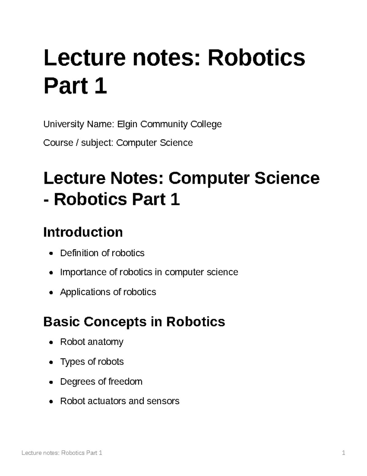 Lecture Notes Robotics Part 1 Lecture Notes Robotics Part 1 University Name Elgin Community 1608