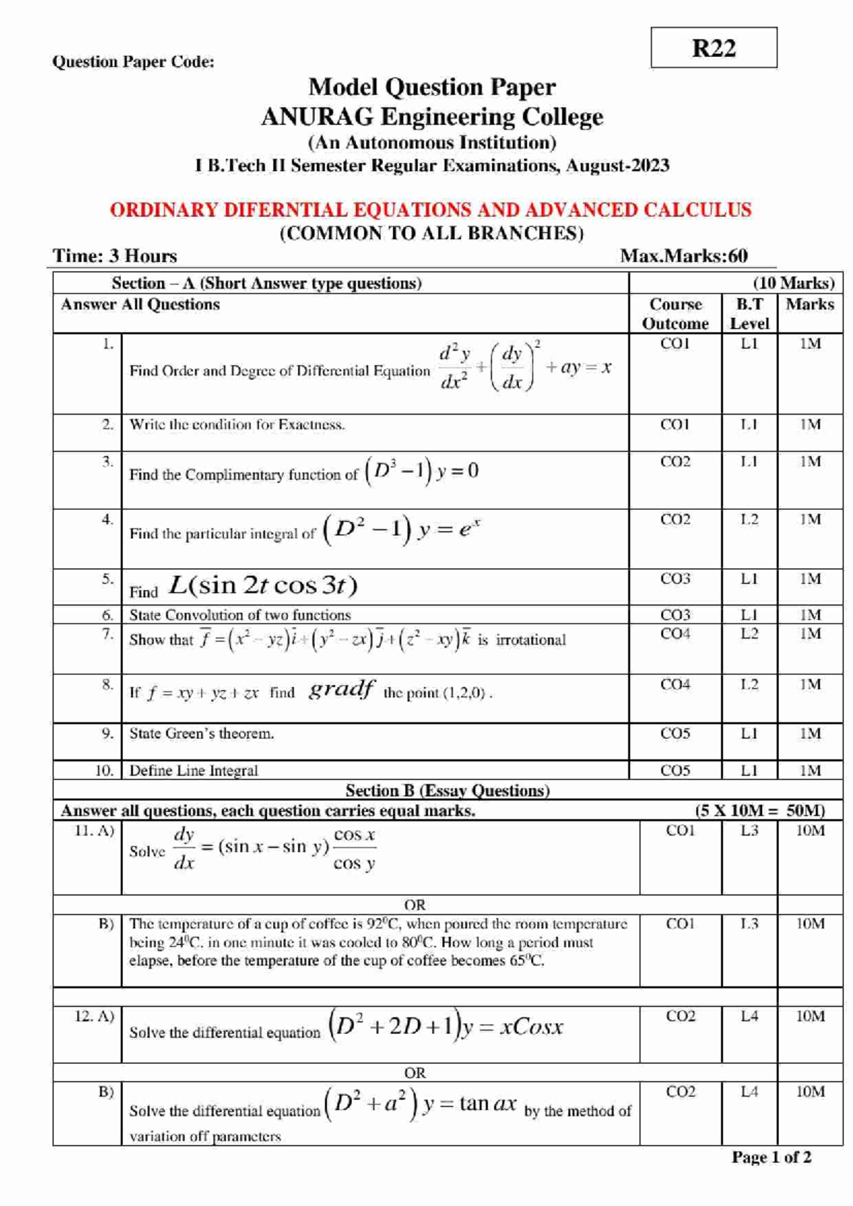 R22-ODE Model Question Paper for I B.Tech II SEM - R22 Question Paper Code: Model Question Paper ...