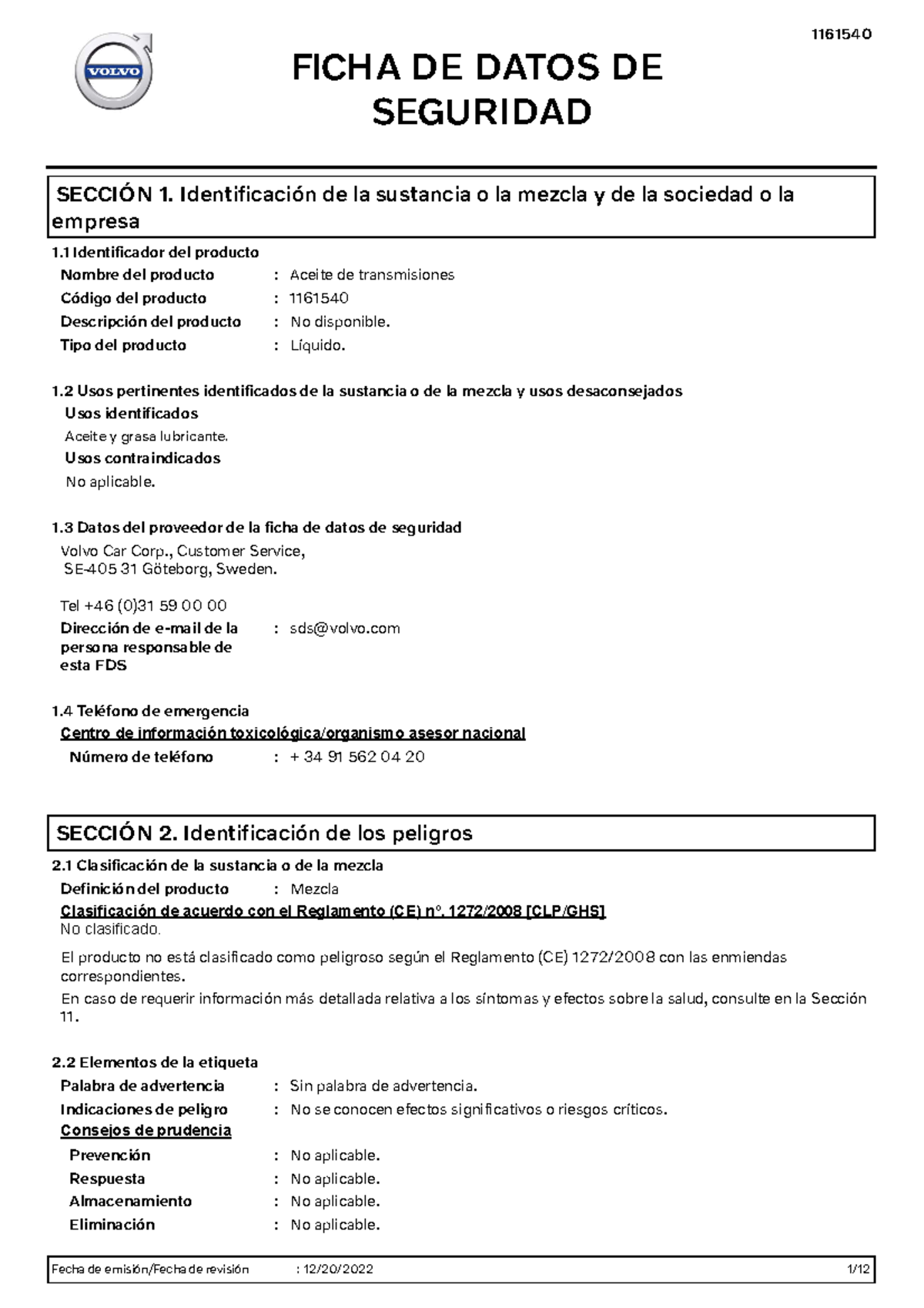 1161540 MSDS hOJA DE SEGURIDAD - Aceite de transmisiones FICHA DE DATOS ...