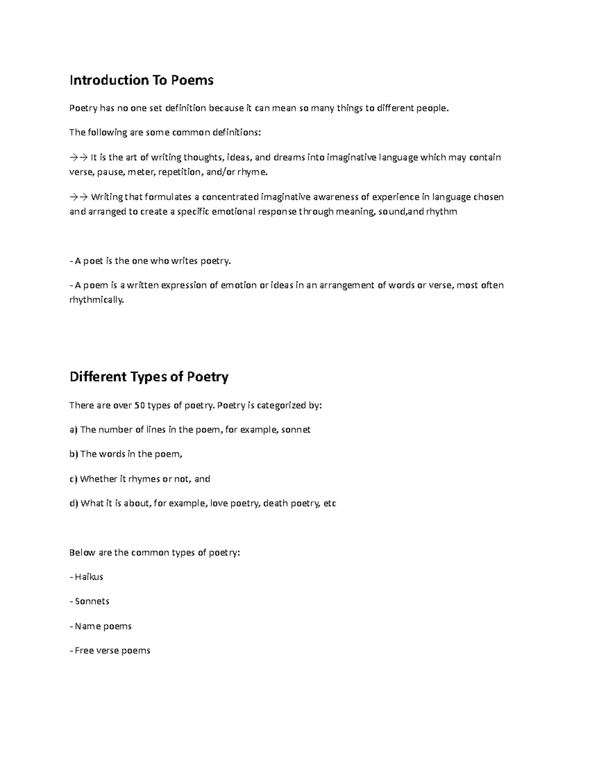 Poetry F2 - Introduction To Poems Poetry has no one set definition ...