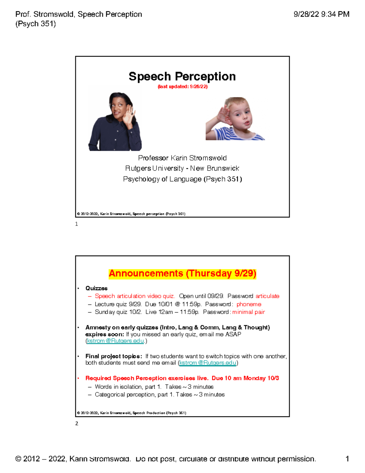 Speech Perception - notes - (Psych 351) © 2012-2022, Karin Stromswold ...