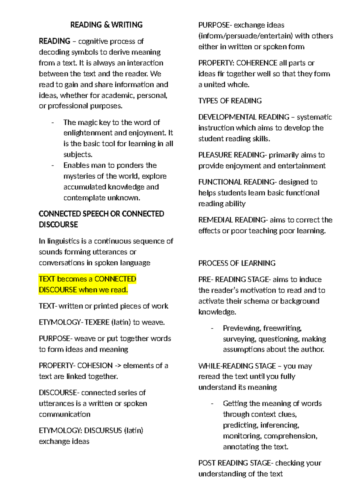 Reading AND Writing Reviewer - READING & WRITING READING – cognitive ...