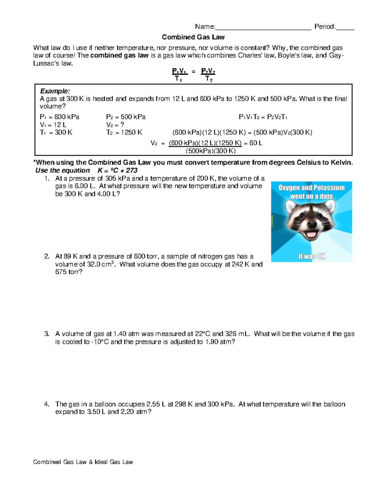 Combined Gas Law Worksheet Answers
