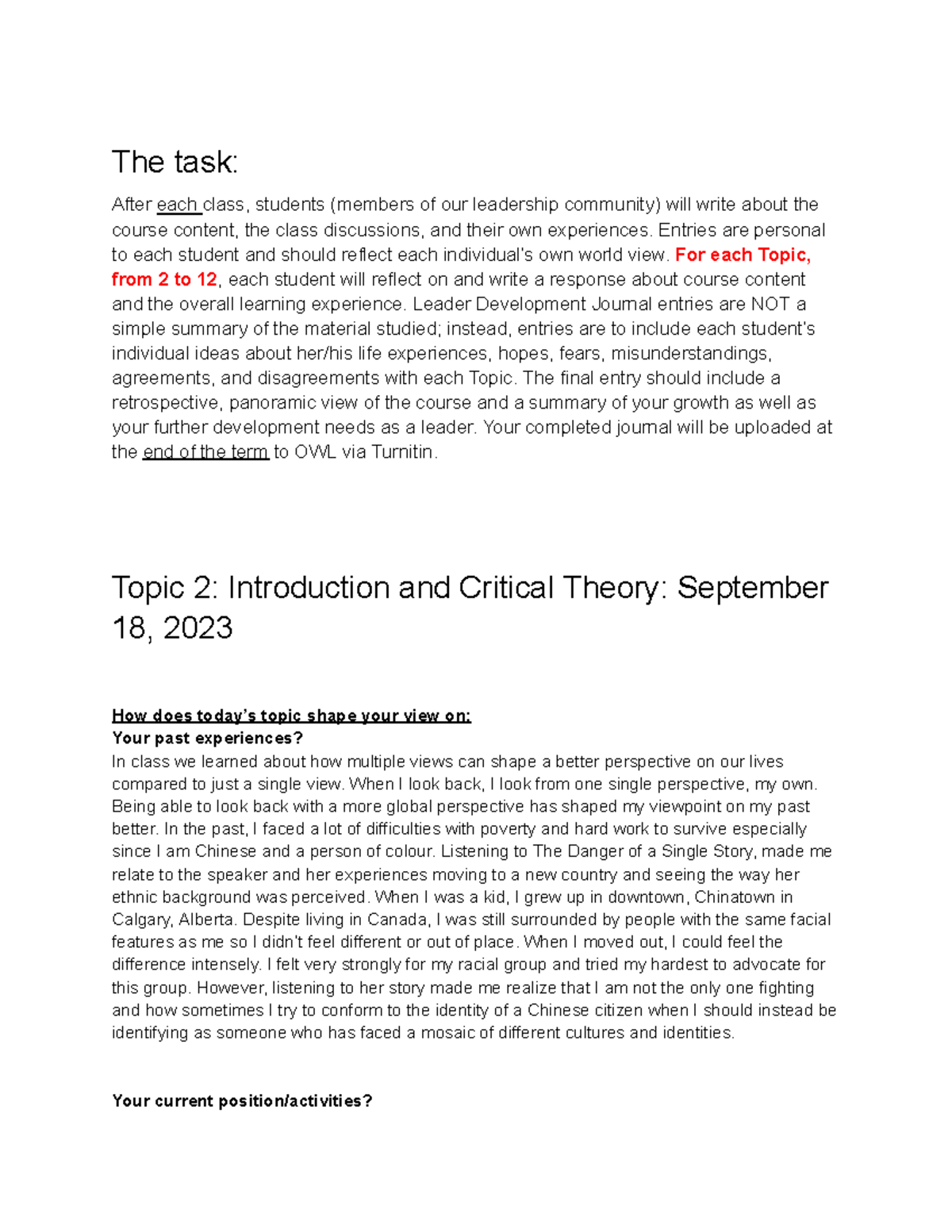 Weekly Leadership Development Journal - The task: After each class ...